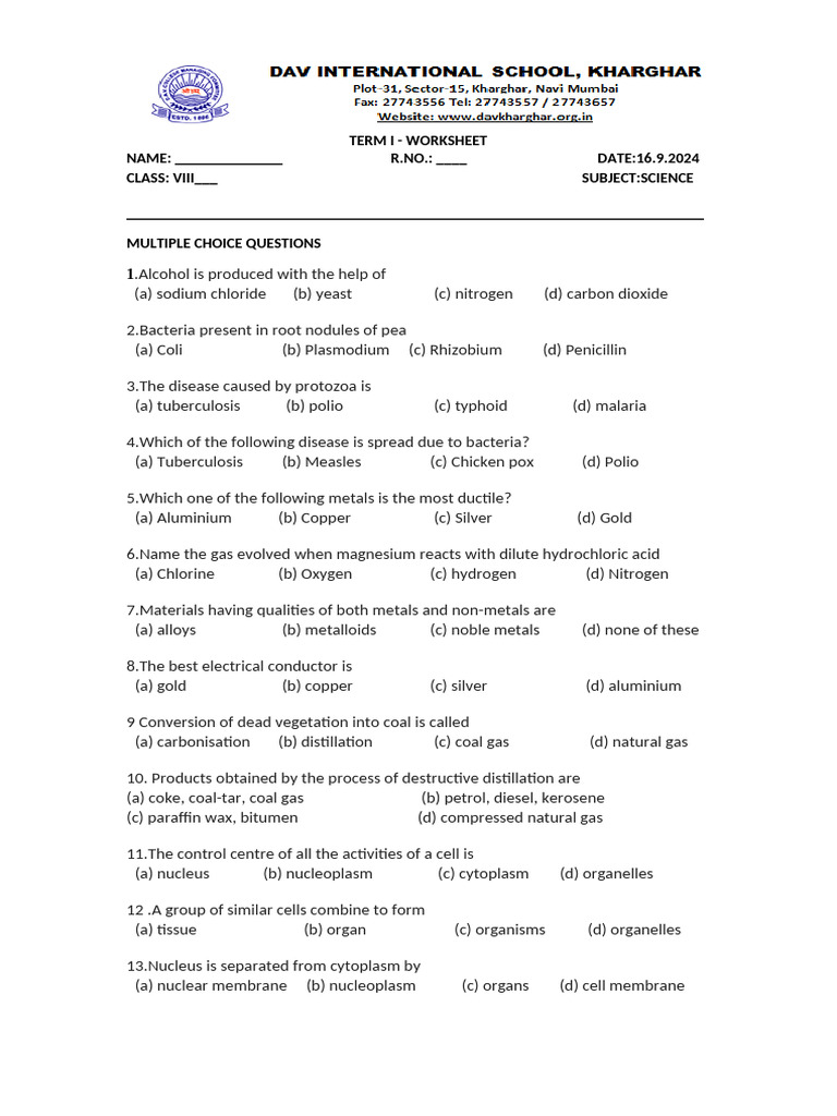 Grade 8 Science MCQ Worksheet | PDF | Cytoplasm | Metals
