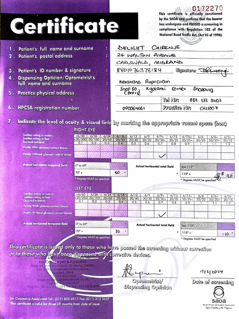 Eye Examination Certificate - Delight Chirenje | PDF