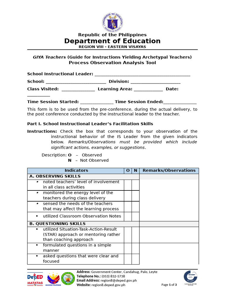 GIYA Teachers POA Tool 1 | PDF | Teachers | Cognition