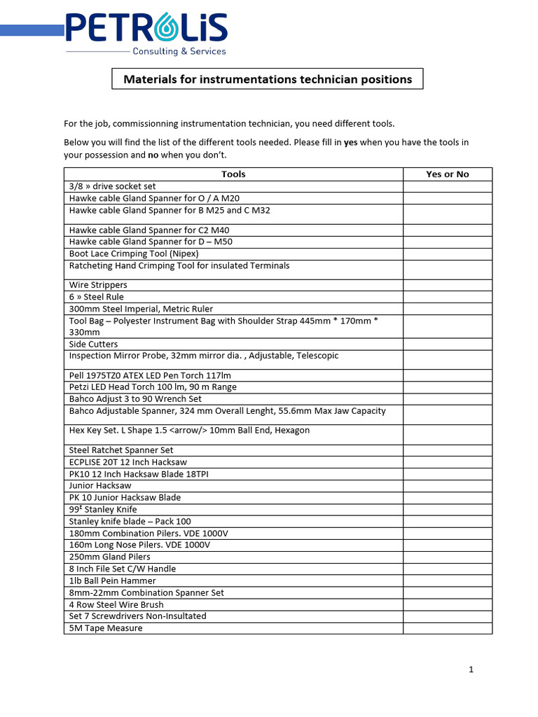Materials For Instrumentations Technician Positions | PDF | Tools
