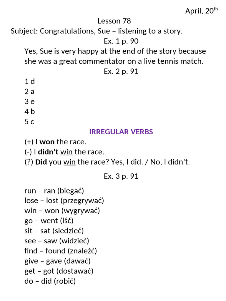 Unit 7 Lesson 4 Congratulations, Sue – Listening to a Story | PDF