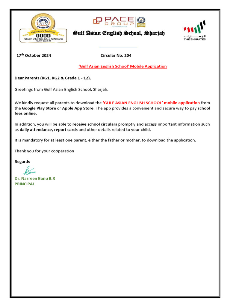 Gulf Asian English School' Mobile Application - Circular No. 204 | PDF
