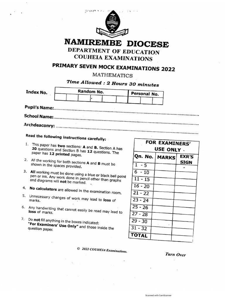 p7 Mathematics MOCK | PDF