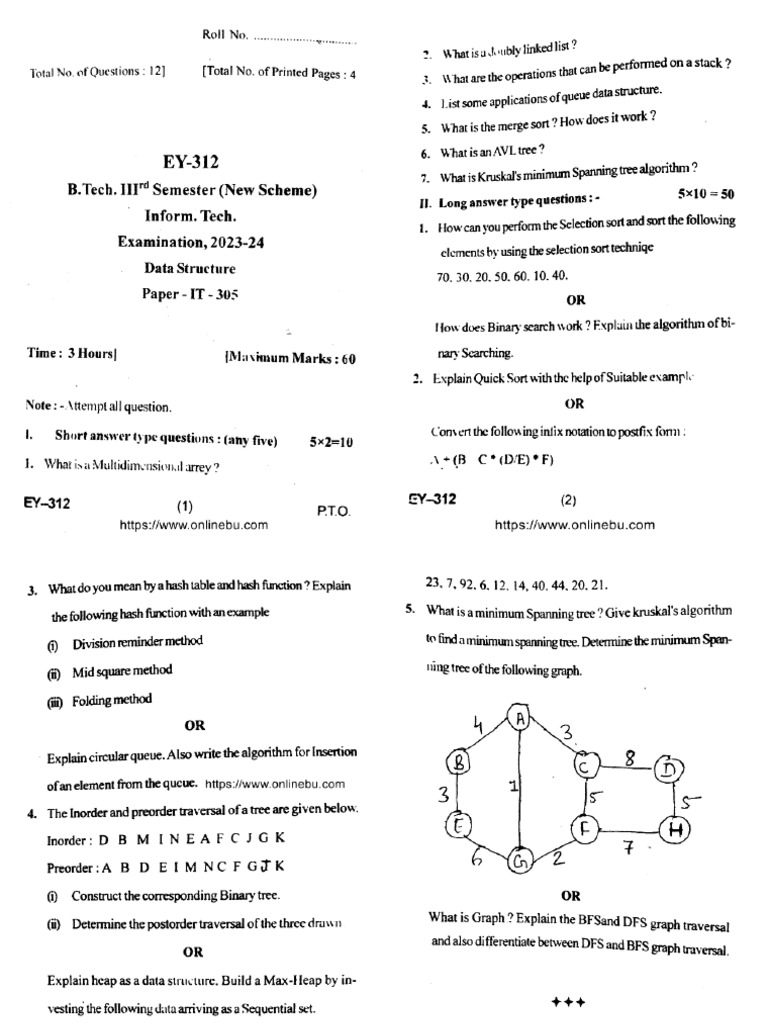 Btech It 3 Sem Data Structure Ey 312 2024 | PDF