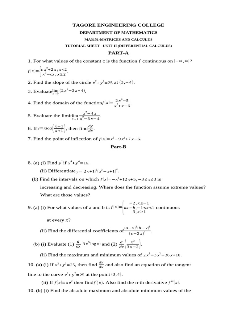 MA3151-TUTORIAL SHEET UNIT 2 - Matrices and Calculus Assignment-5 (Unit 2 Differential Calculus ...