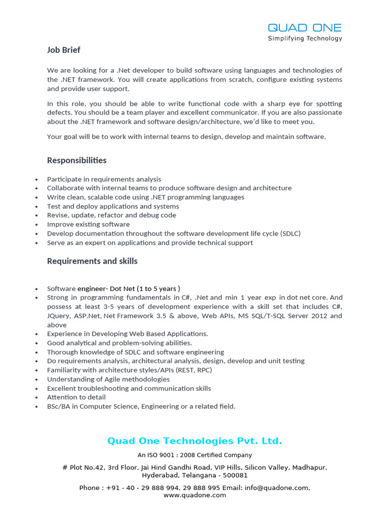JD - .Net Developer - Clinion - Hyderabad | PDF | Software Development ...