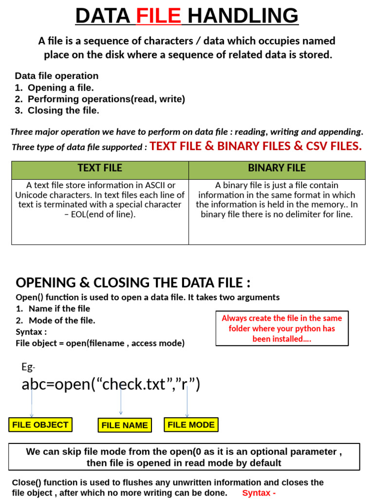 A File Is A Sequence of Characters / Data Which Occupies Named Place On The Disk Where A ...