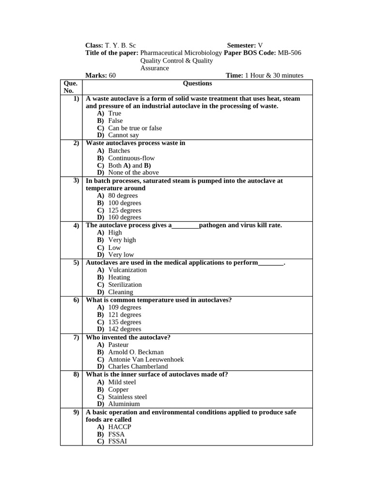 MB-506 Without Answers | PDF | Sterilization (Microbiology) | Disinfectant