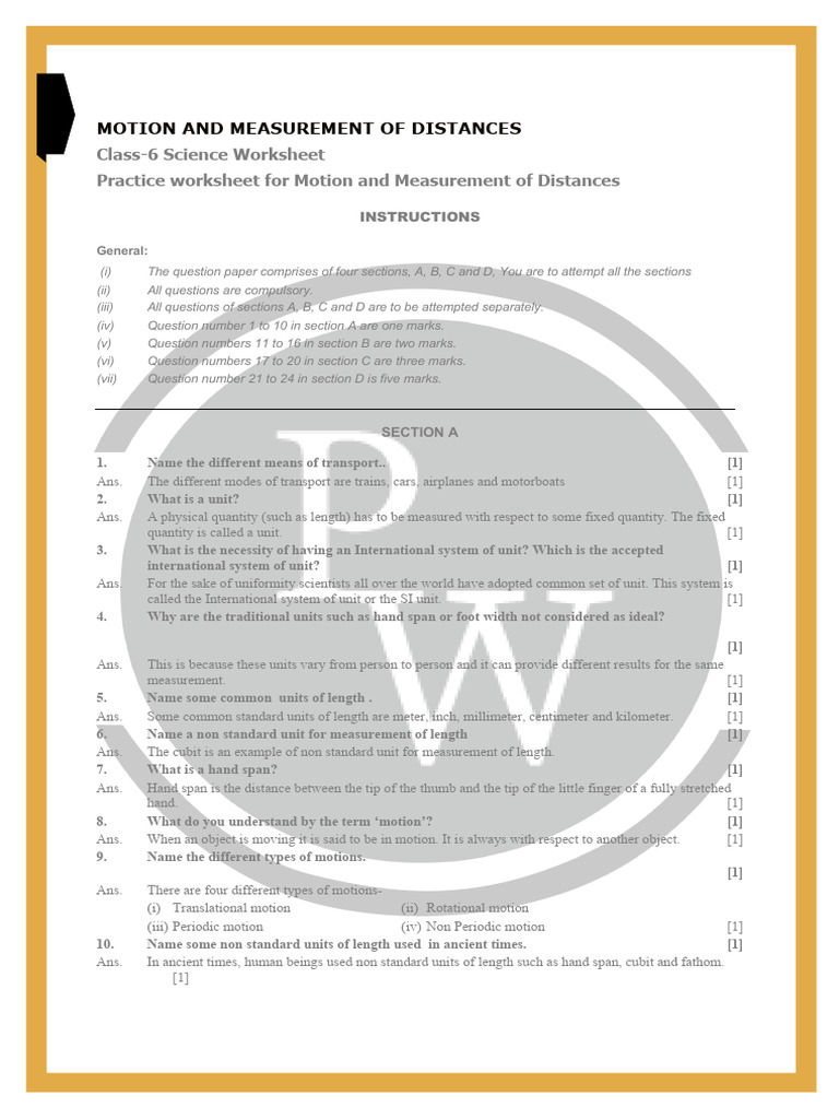 Class 6 Science: Motion & Measurement Worksheet | PDF | Distance | Length