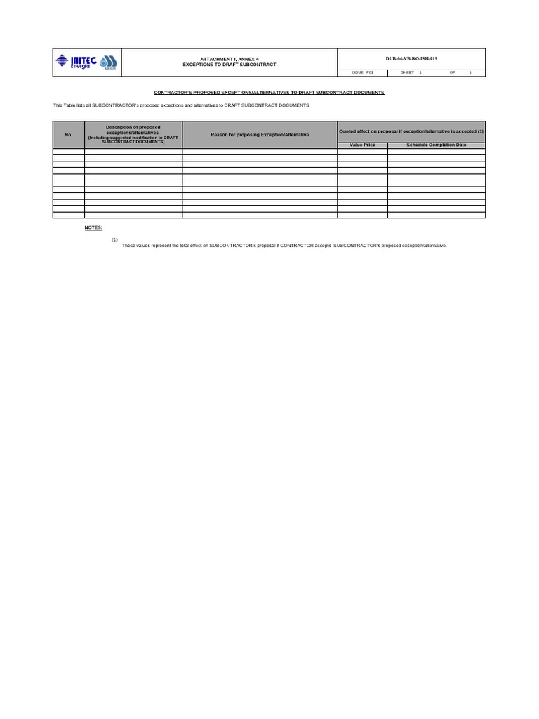 6. Annex 1.4 Exceptions to Draft Subcontr. | PDF 6. Annex 1.4 Exceptions to Draft Subcontr. | PDF