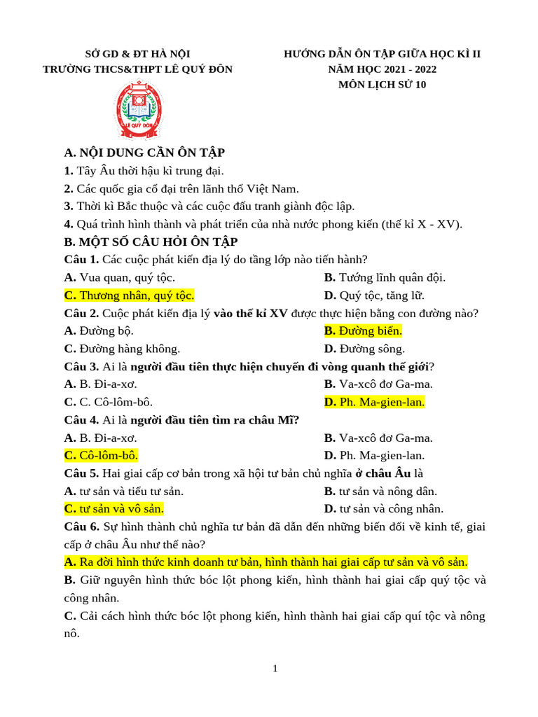 ĐỀ CƯƠNG ÔN TẬP GIỮA HKII SỬ 10 (21-22) - BTVN | PDF