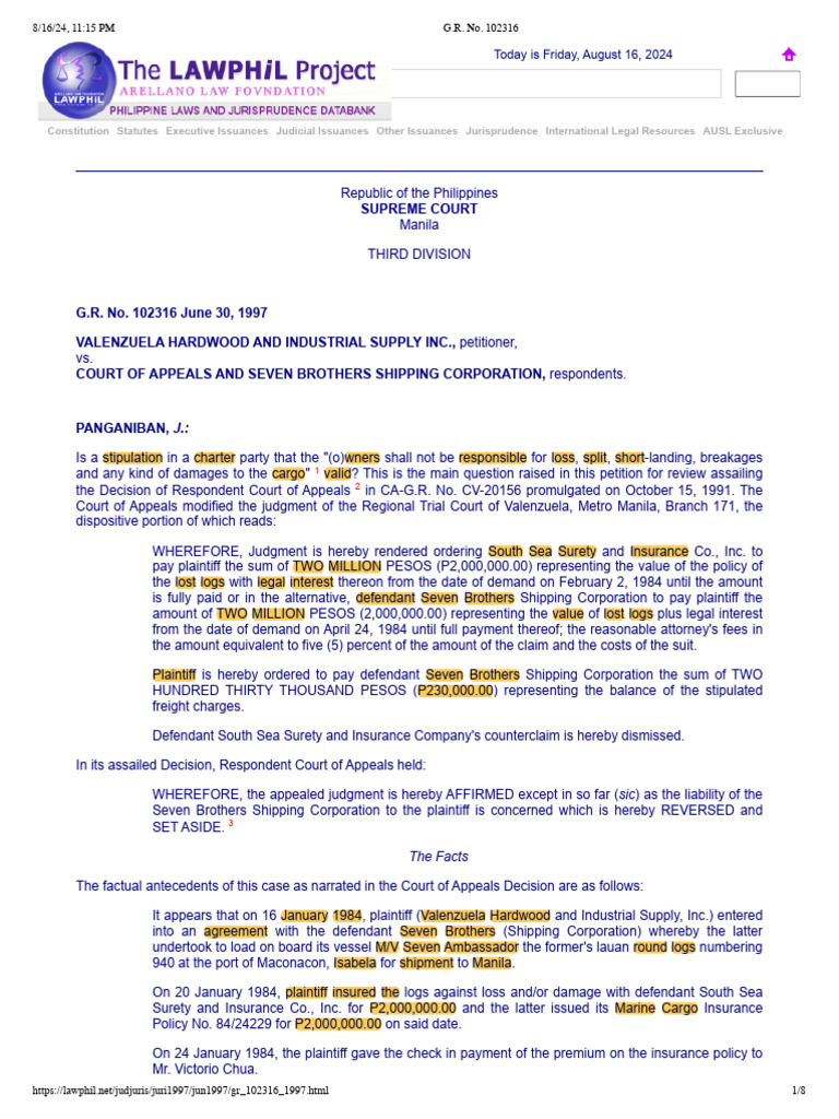Supreme Court Ruling on Shipping Liability | PDF | Insurance | Legal ...