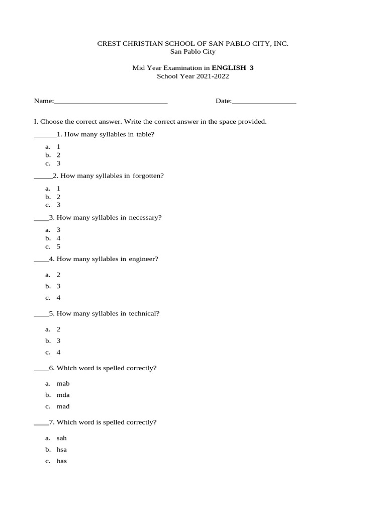 Grade 3 Mid Year Examination | PDF | Linguistics