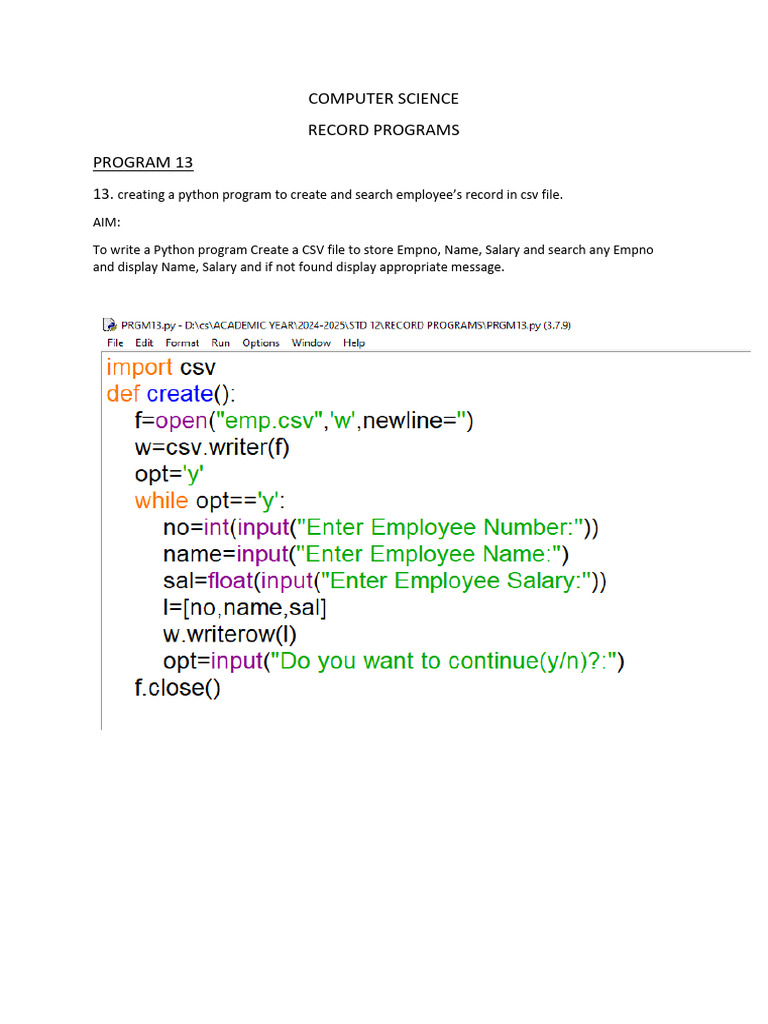 Computer Science Record Programs Program 13 | PDF