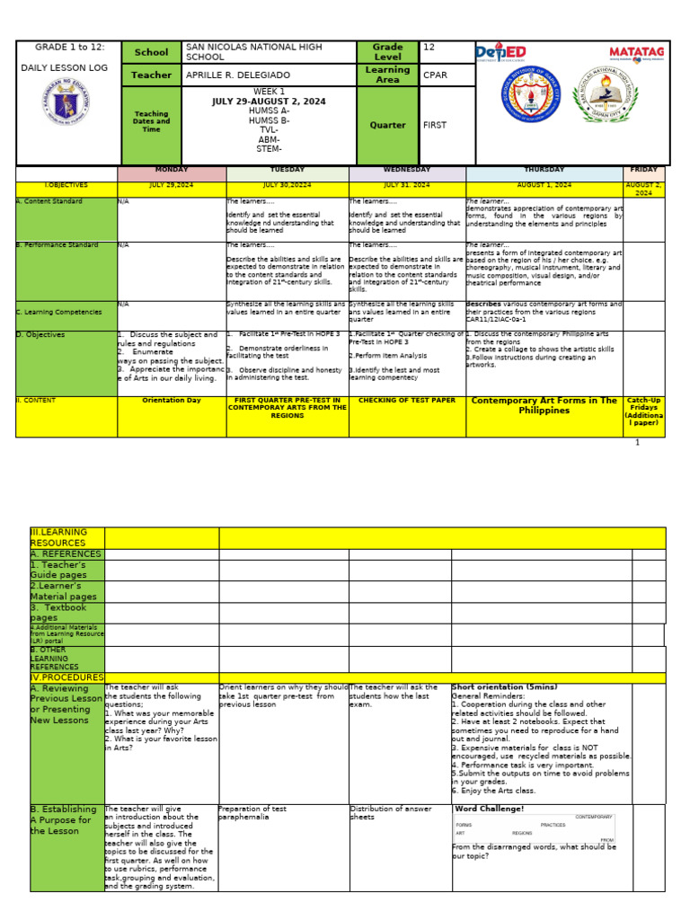 Grade 12 Daily Lesson Log: Arts | PDF | Learning | Teachers