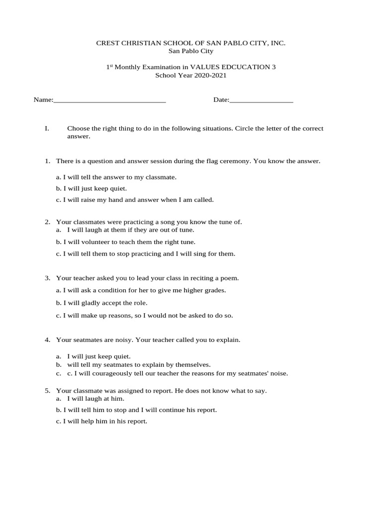 Grade 3-1st Monthly Examination | PDF