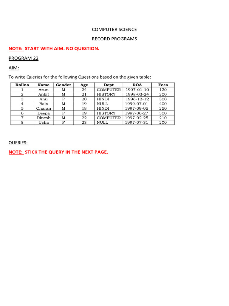 Computer Science Record Programs: To Write Queries For The Following ...