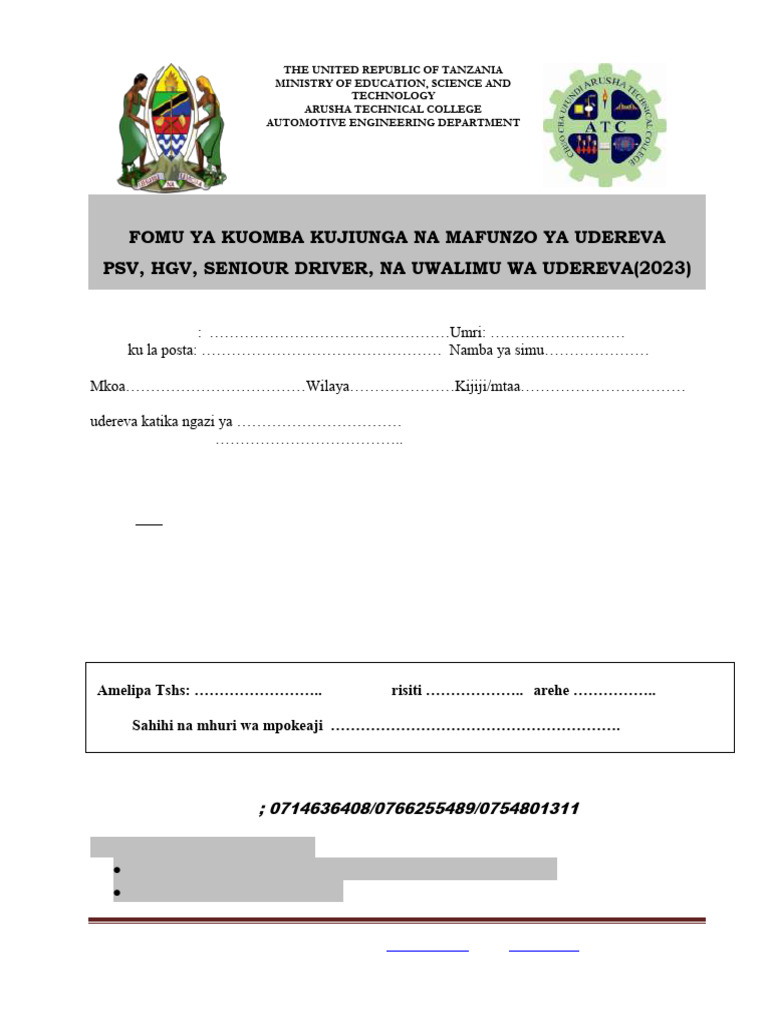 Fomu Ya Kuomba Kujiunga Na Mafunzo Ya Udereva PSV, HGV, Seniour Driver ...