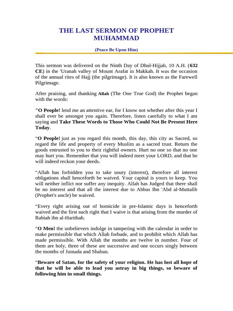 Last Sermon of Prophet Muhammad | PDF | Muhammad | Allah