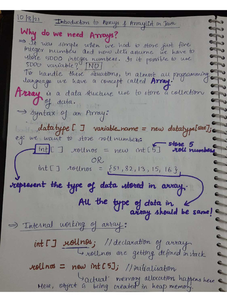Handwritten Notes On Arrays and Arraylist | PDF