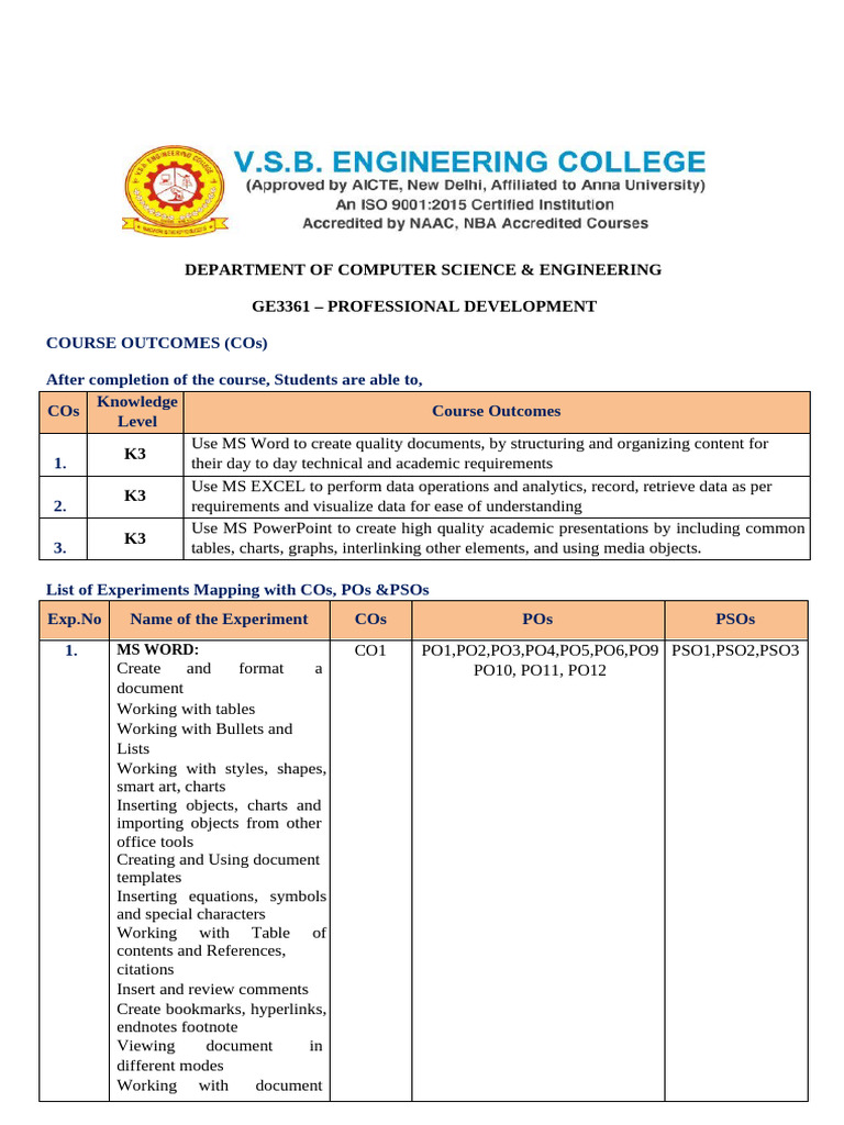 Professional Development Lab Manual - New | PDF | Microsoft Excel | Computing
