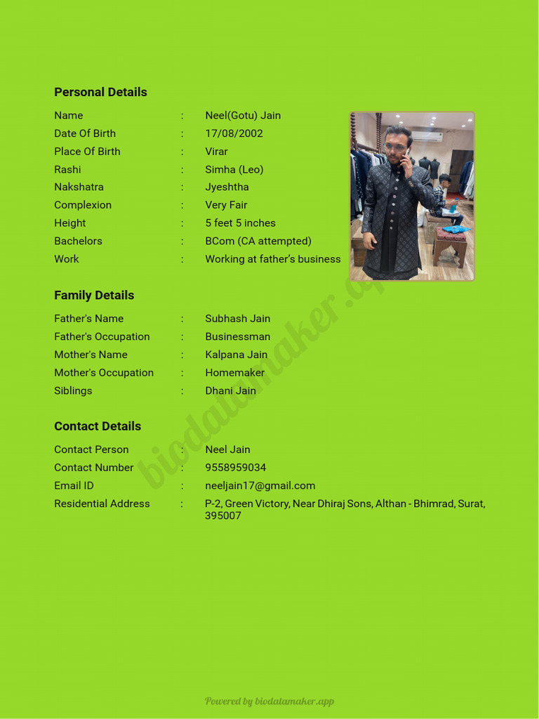 Neel Jain: Personal Bio Data | PDF