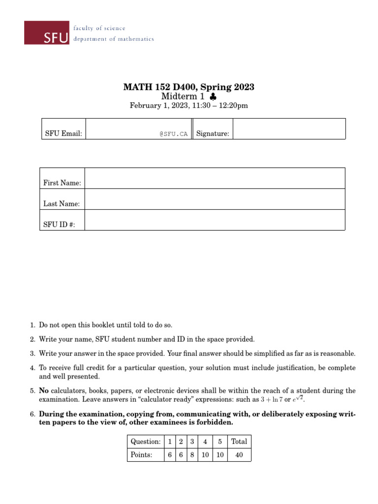 Math 152 Midterm - 1 Spring - 2023 | PDF | Mathematical Concepts | Mathematical Physics
