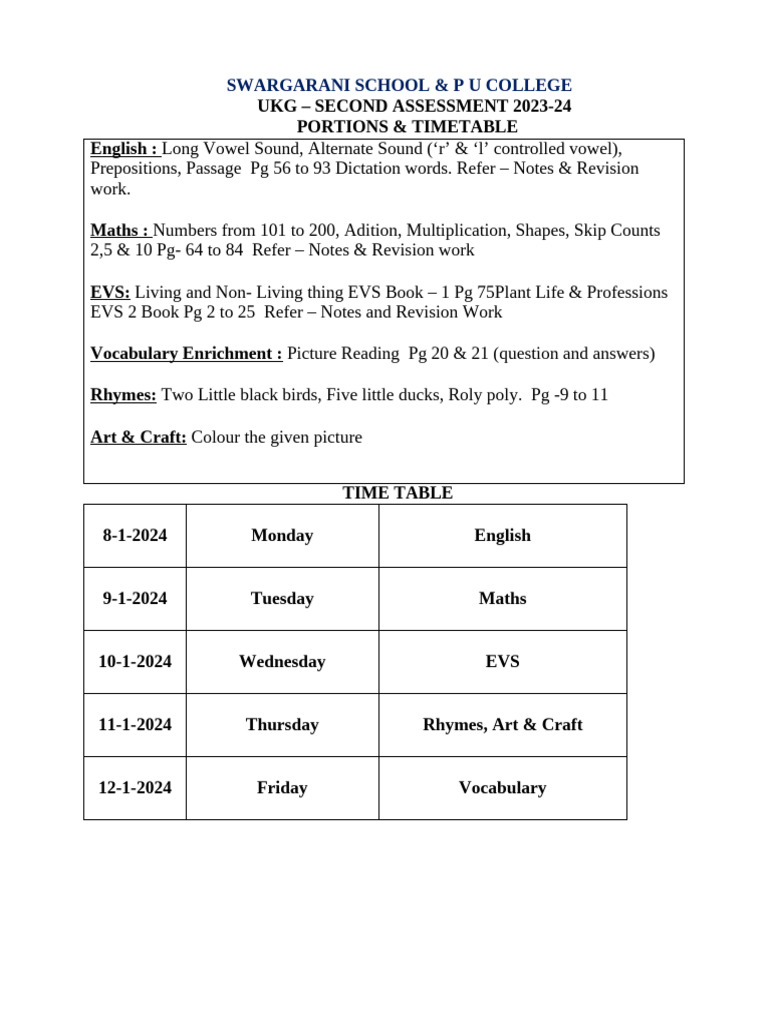2nd Assessment Portions and Timetable UKG 2023-24 | PDF | Language Arts ...