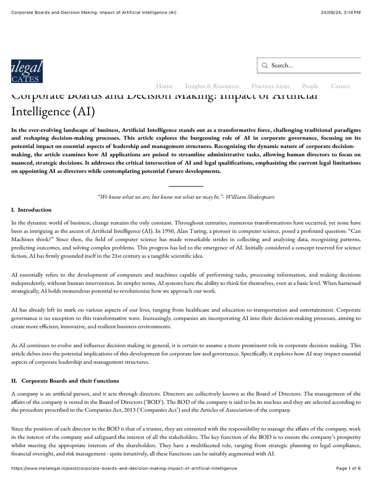 Corporate Boards and Decision Making: Impact of Artificial Intelligence (AI) | PDF | Artificial ...