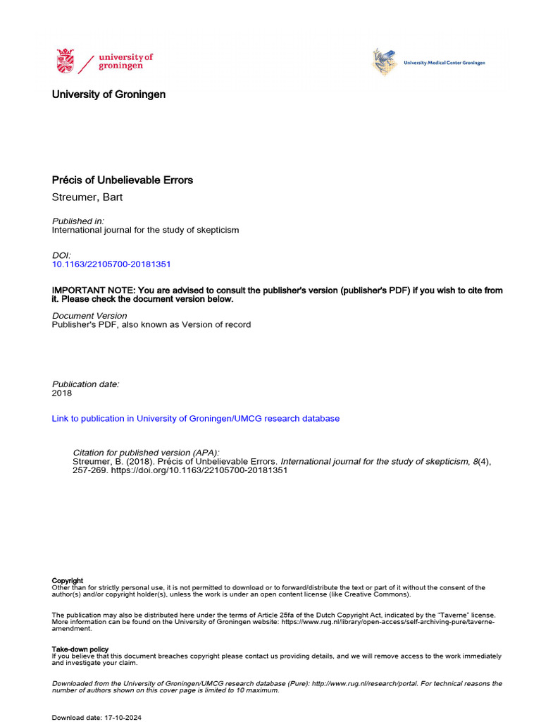 International Journal For The Study of Skepticism PR Cis of Unbelievable Errors | PDF ...