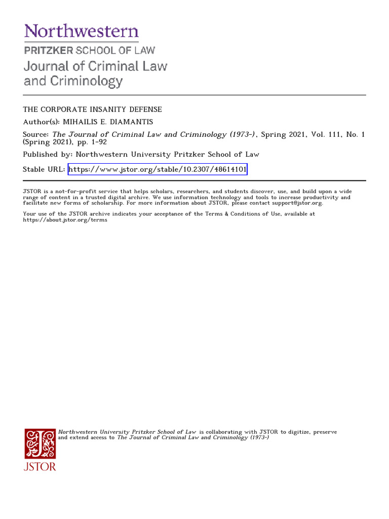 Diamantis Corporateinsanitydefense 2021 2 | PDF | Insanity Defense | Crimes