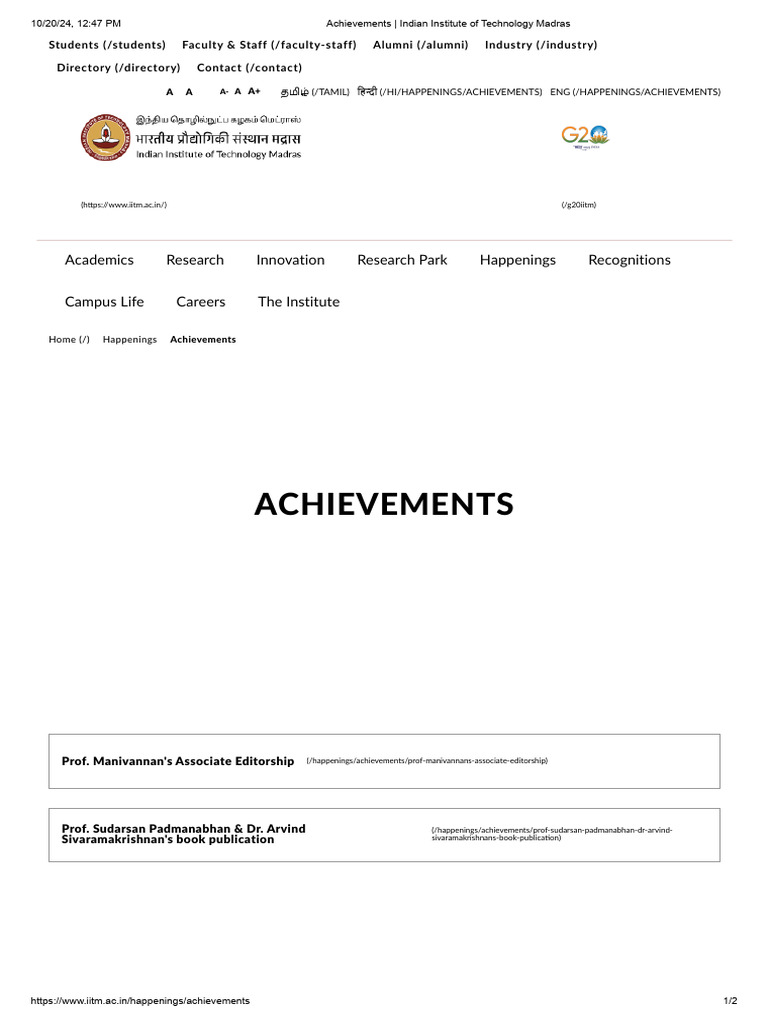 Achievements - Indian Institute of Technology Madras | PDF | Engineering | Science