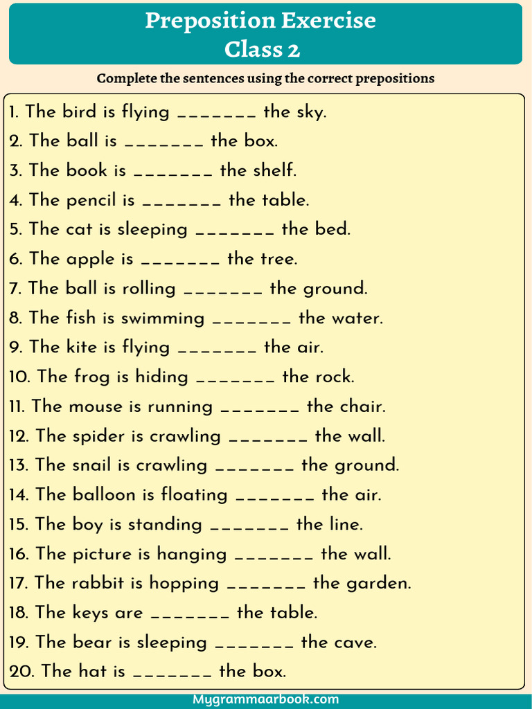 Preposition Worksheet For Class 2 | PDF | Language Arts & Discipline