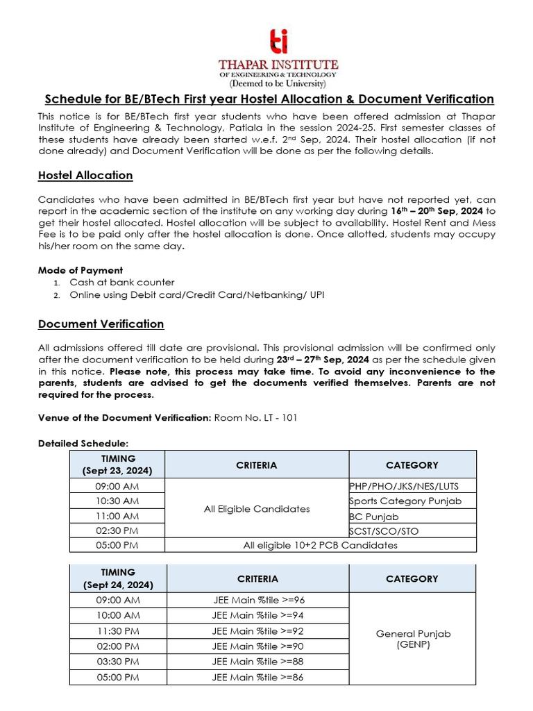 Schedule For BEBTech Hostel Allocation-Documents Checking - Sep2024 | PDF | Notary Public