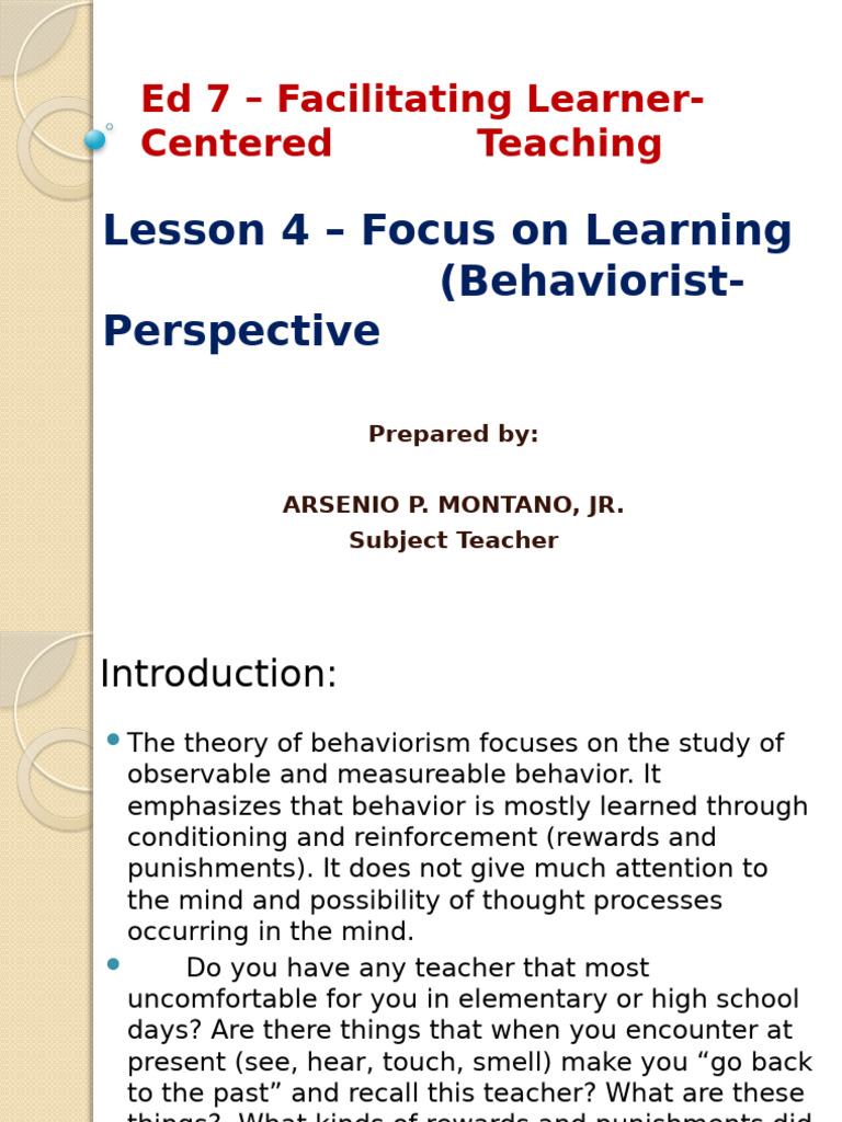Lesson 4 Focus On Learning Behaviorist Perspective | PDF | Reinforcement | Classical Conditioning