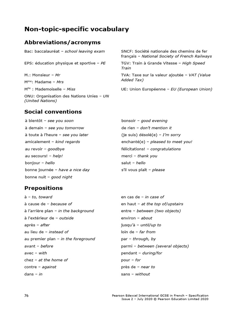 Pearson Edexcel IGCSE French Non-Topic-Specific Vocabulary November ...
