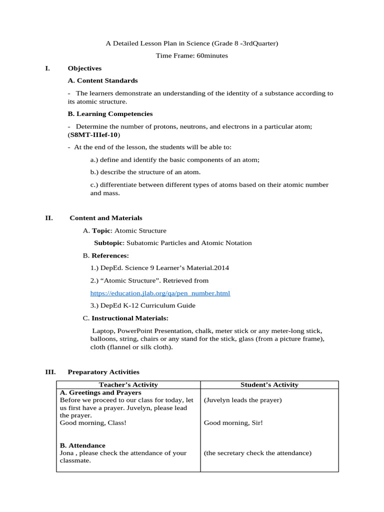 Grade 8 Science Lesson Plan: Atomic Structure | PDF | Atomic Nucleus ...