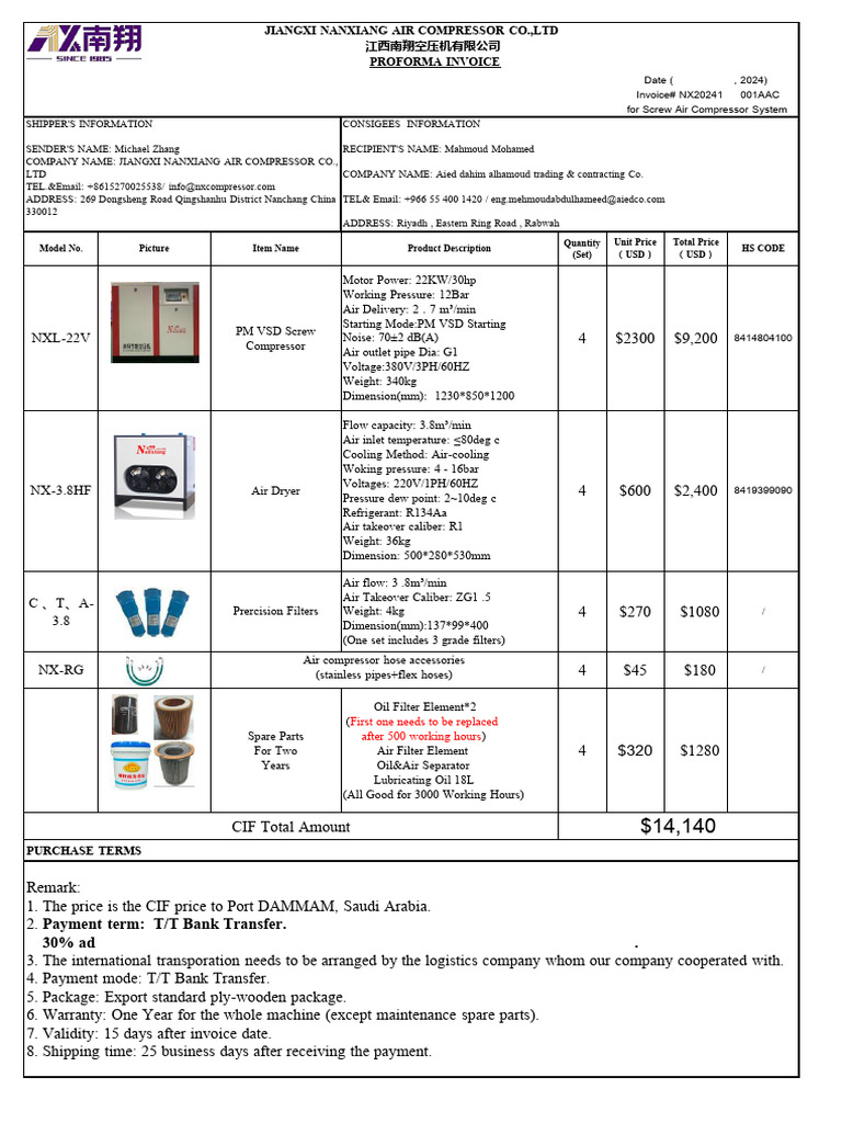 Proforma Invoice for Air Compressors | PDF