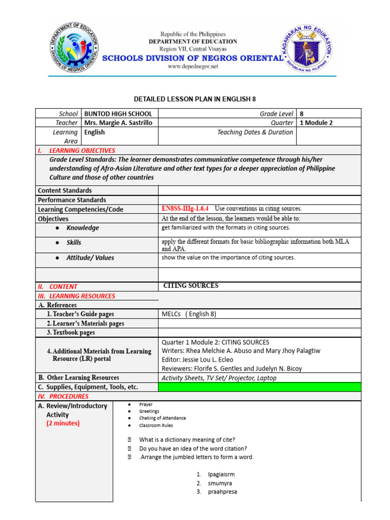 LESSON PLAN | PDF | Citation | Apa Style