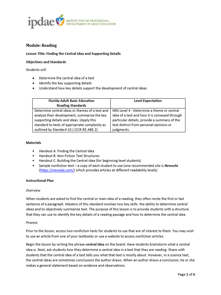 Reading Finding The Central Idea and Supporting Details | PDF ...