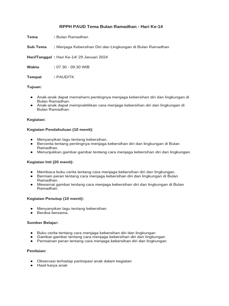 RPPH Tema Bulan Ramadhan - Hari Ke 14 | PDF