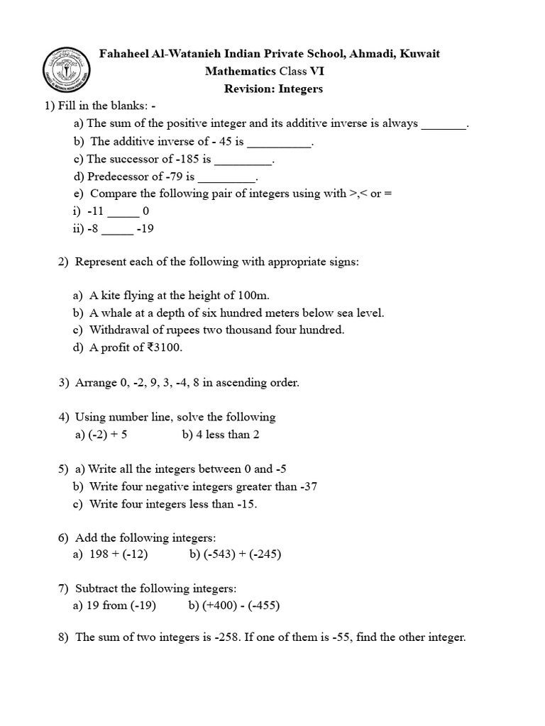 Gr6 Integers Revision 1 240917 204915 | PDF