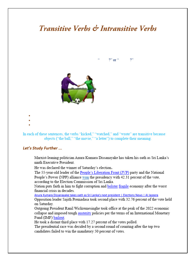 Transitive & Intransitive Verbs 1 | PDF | Verb | Object (Grammar)