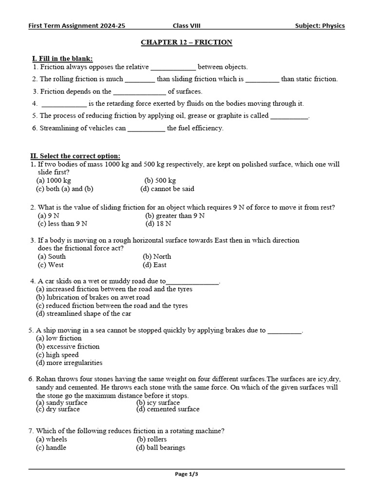 Assignment Chapter Friction 2024 25 | PDF | Friction | Force