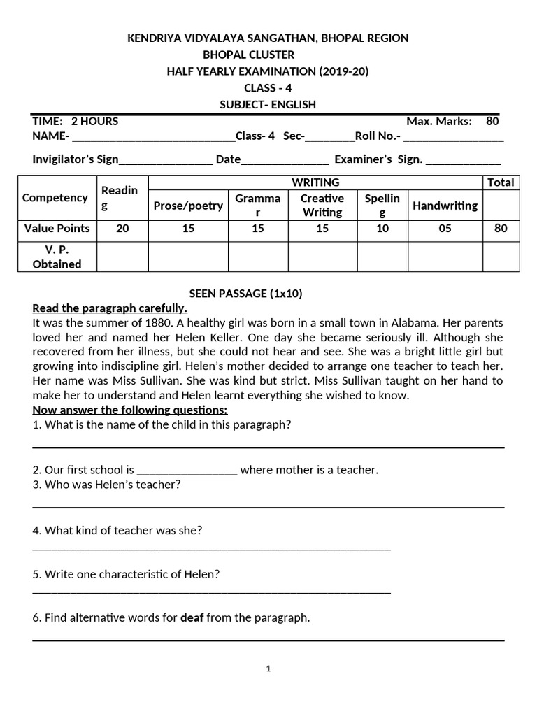 KVS Half Yearly Exam Paper Class 4 English | PDF | Linguistics