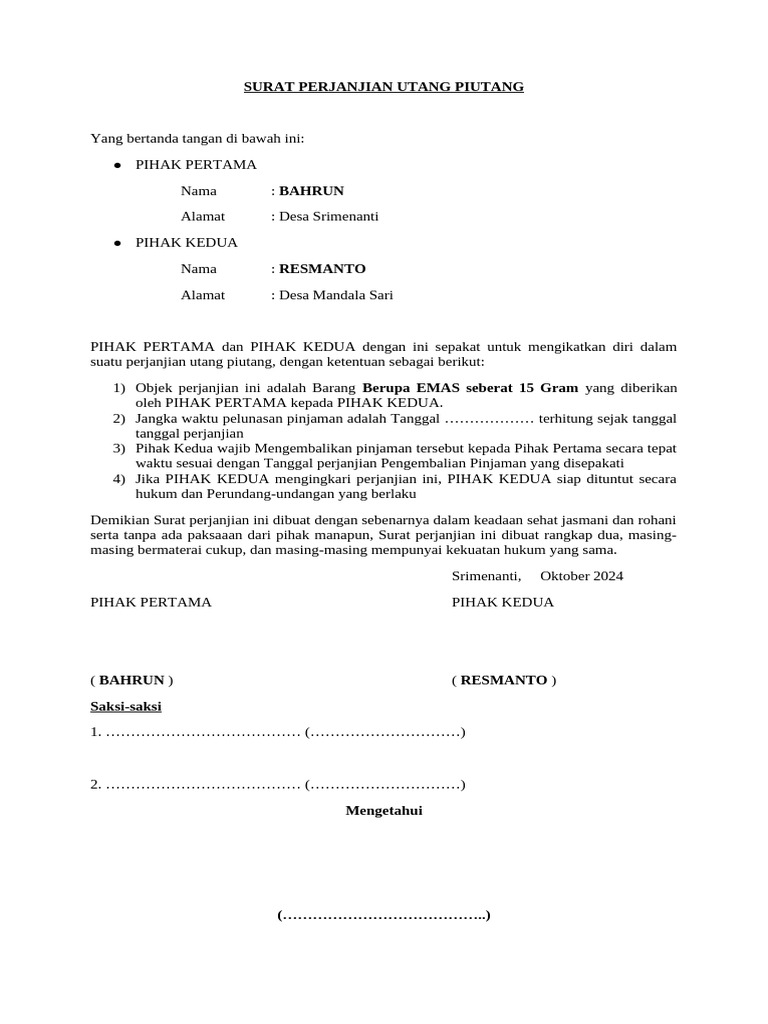 Perjanjian Utang Piutang Emas 15 Gram | PDF