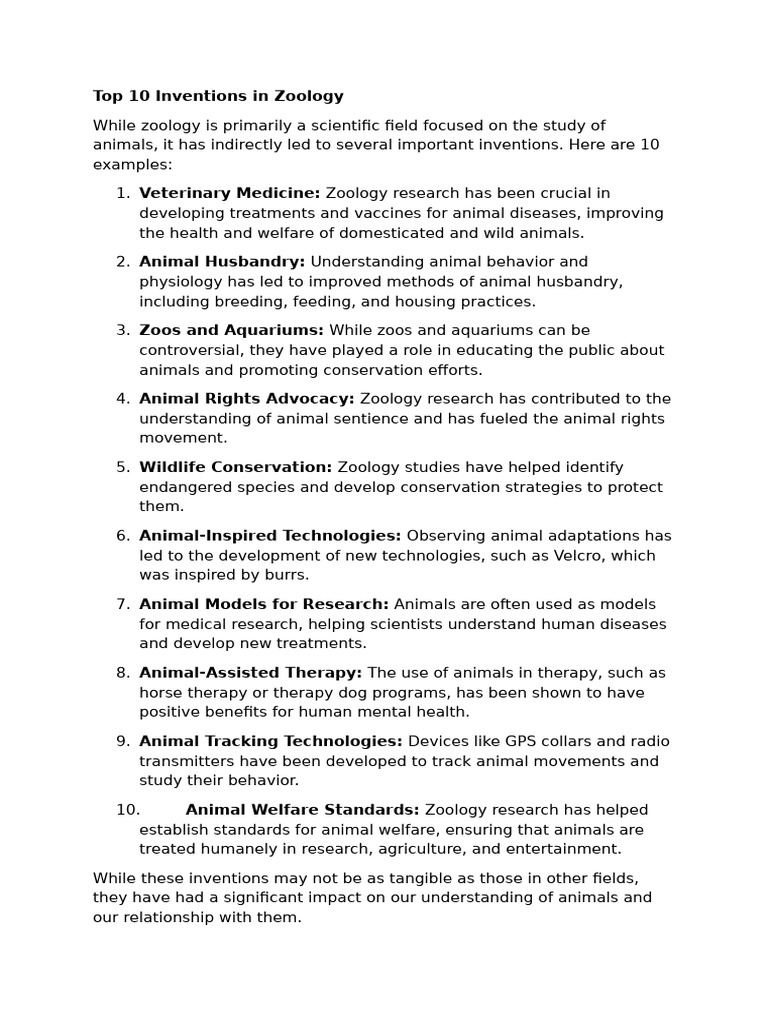 Top 10 Inventions in Zoology | PDF | Wellness