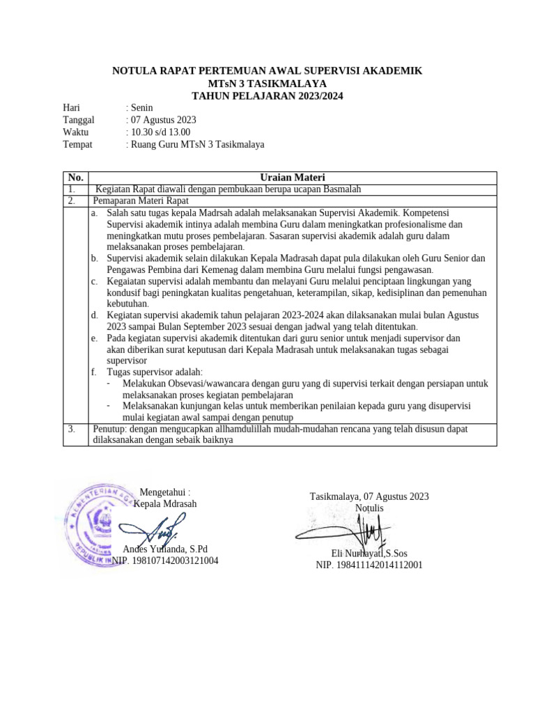 Notula Rapat Dan Berita Acara Pertemuan Awal Supervisi Akademik | PDF