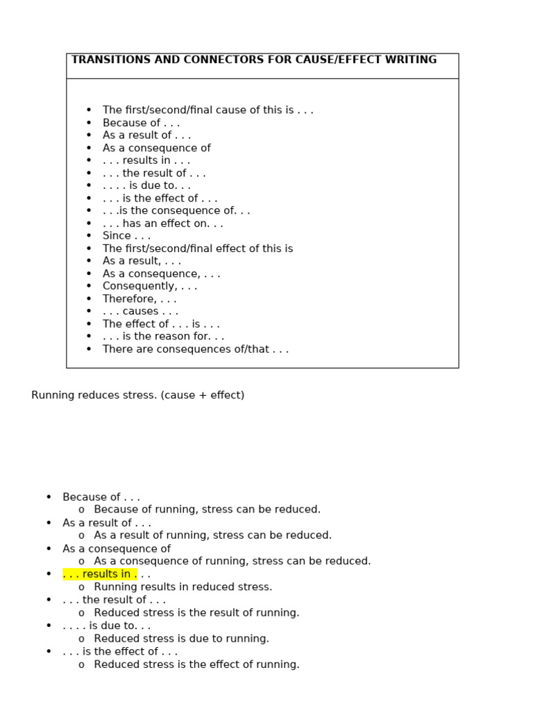Cause and Effect Connectors Guide | PDF | Language Arts & Discipline
