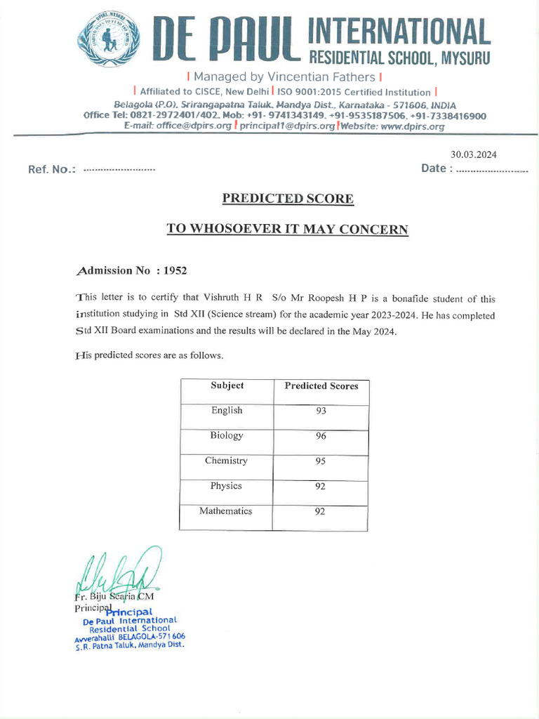Vishruth - LOR, Predicted Score, Medium of Instruction Lettere | PDF